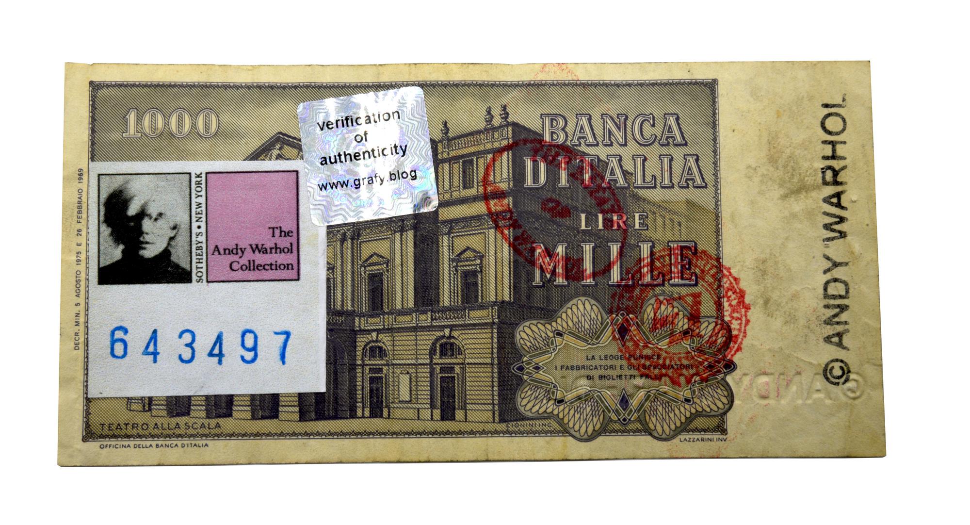 Andy Warhol MILLE LIRE pennafeltro su banconota, cm 6x12,5 firma e timbro a... | Itineris Casa d ...