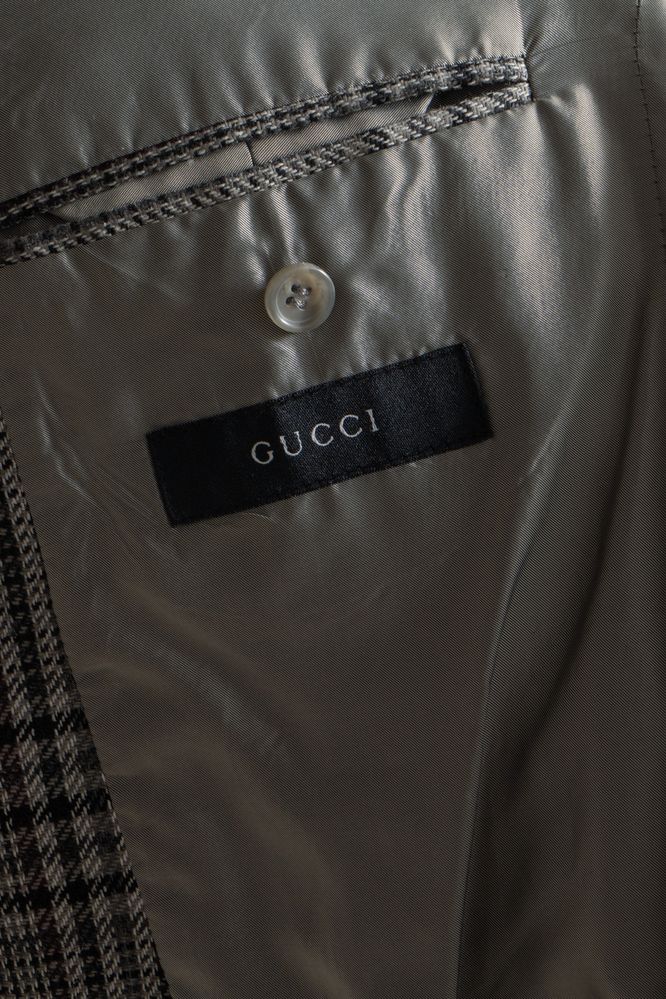 GUCCI Giacca in lana e seta a fantasia scozzese sui toni del grigio con ...