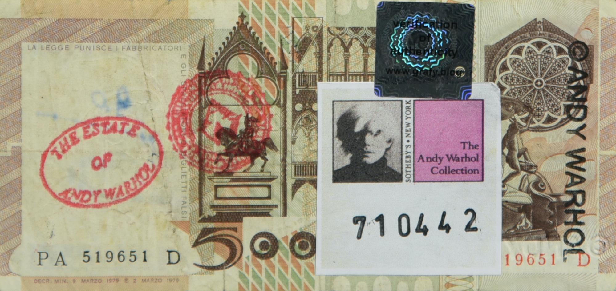 Andy Warhol (1928 - 1987) CINQUEMILA LIRE pennafeltro su banconota, cm 6x12,5... | Itineris Casa ...