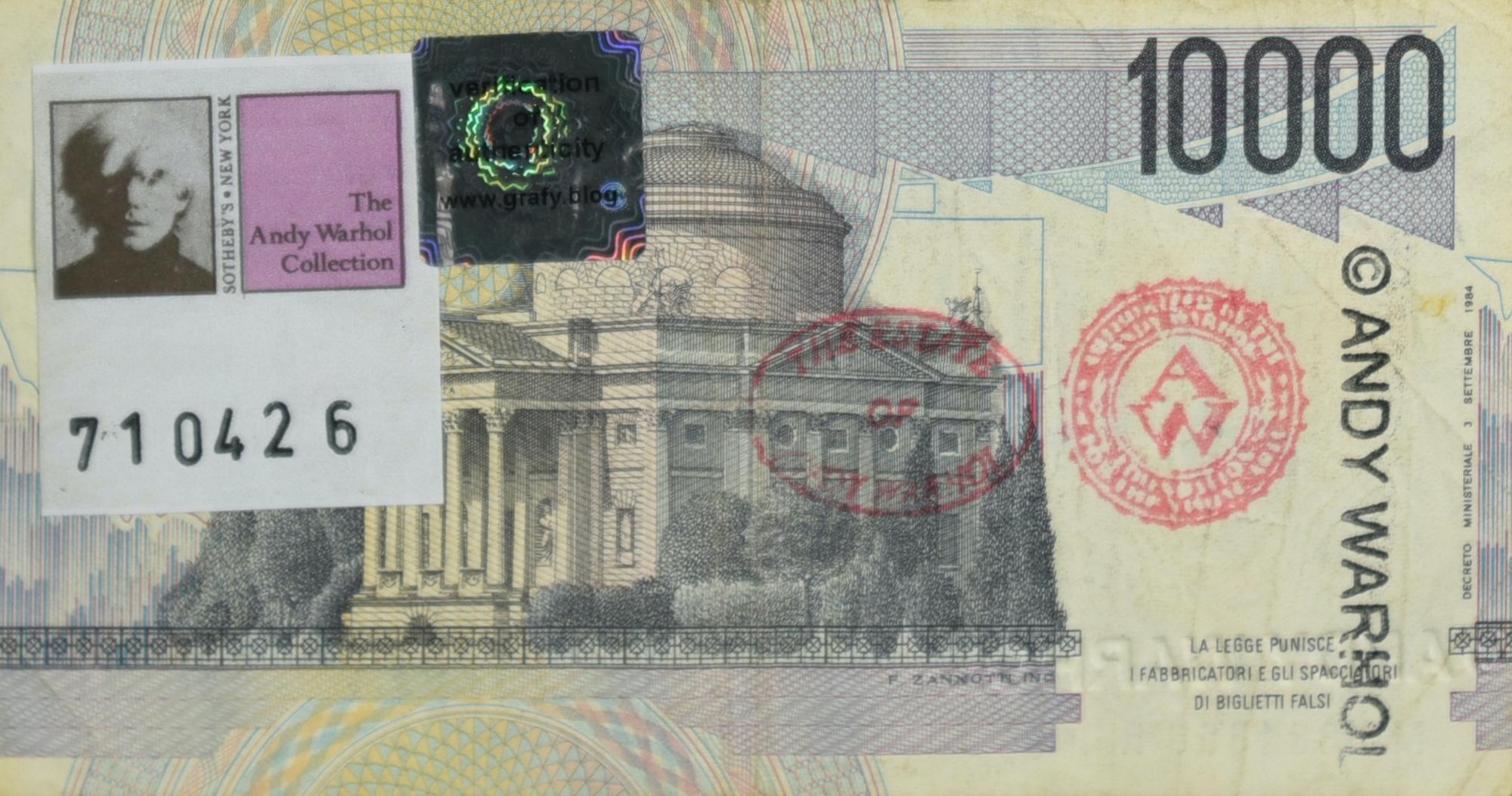 Andy Warhol (1928 - 1987) DIECIMILA LIRE pennafeltro su banconota, cm 7x13,5... | Itineris Casa ...