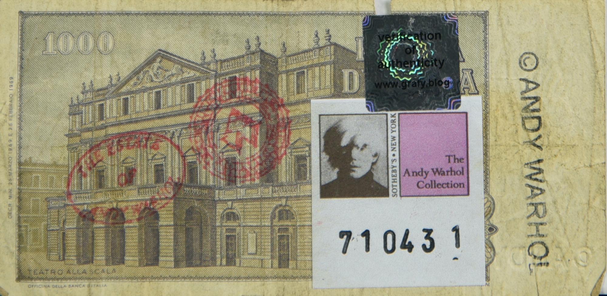 Andy Warhol (1928 - 1987) MILLE LIRE pennafeltro su banconota, cm 6x12,5... | Itineris Casa d ...