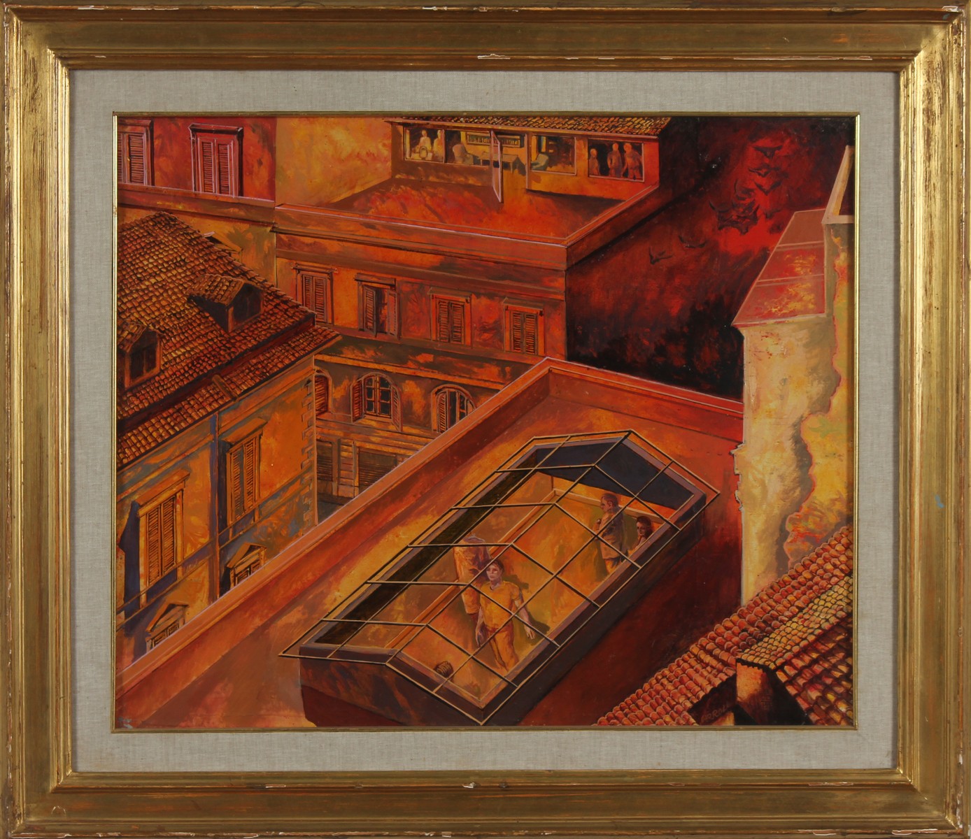 CARROLL ROBERT (n. 1934) Volo di rondini tra i muri della città. Olio ...