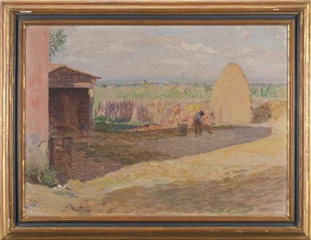 Giorgio Kienerk "Sull'aia (Famiglia)" Pavia, 1920 olio su cartone (cm ...