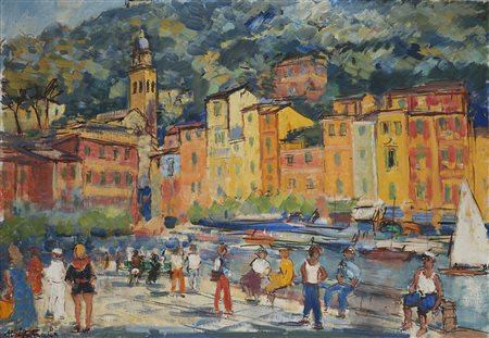 Michele Cascella (Ortona 1892 - Milano 1989) - "Piazzetta di Portofino" 1979... | Il Ponte Casa ...